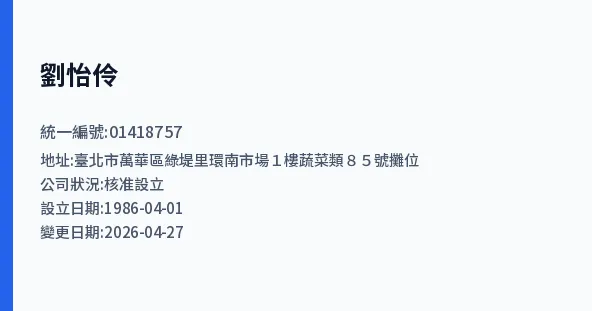 劉怡伶的照片-統編 01418757(臺北市) 公司登記資料與營業項目詳細圖表