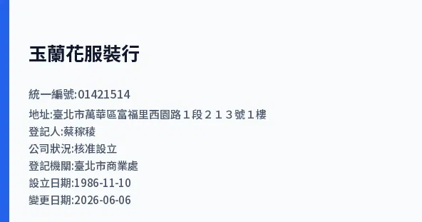 玉蘭花服裝行的照片-統編 01421514(臺北市) 公司登記資料與營業項目詳細圖表