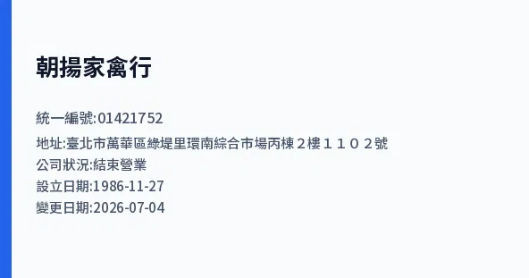 朝揚家禽行的照片-統編 01421752(臺北市) 公司登記資料與營業項目詳細圖表