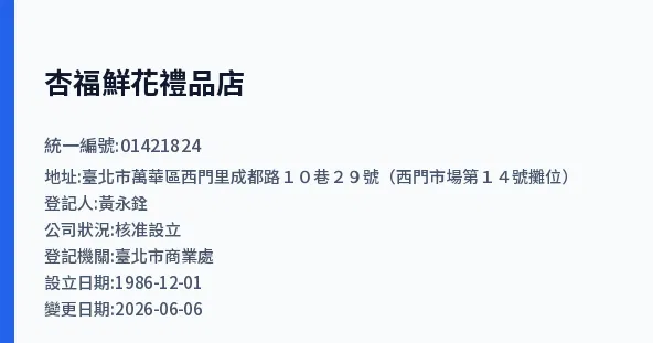 杏福鮮花禮品店的照片-統編 01421824(臺北市) 公司登記資料與營業項目詳細圖表