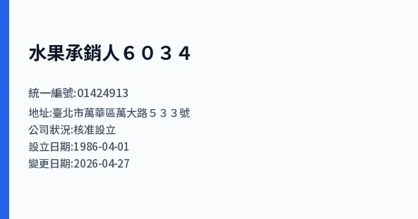 水果承銷人6034的照片-統編 01424913(臺北市) 公司登記資料與營業項目詳細圖表
