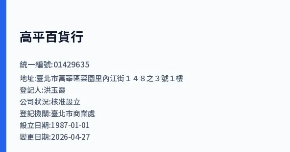 高平百貨行的照片-統編 01429635(臺北市) 公司登記資料與營業項目詳細圖表