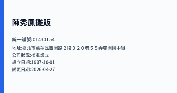 陳秀鳳攤販的照片-統編 01430154(臺北市) 公司登記資料與營業項目詳細圖表