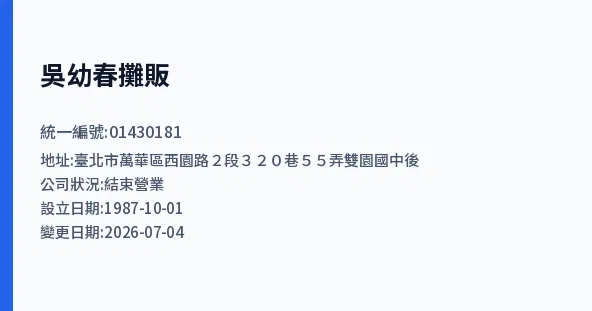 吳幼春攤販的照片-統編 01430181(臺北市) 公司登記資料與營業項目詳細圖表