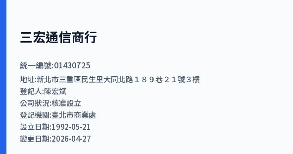 三宏通信商行的照片-統編 01430725(新北市) 公司登記資料與營業項目詳細圖表