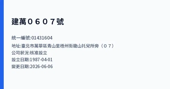 建萬0607號的照片-統編 01431604(臺北市) 公司登記資料與營業項目詳細圖表