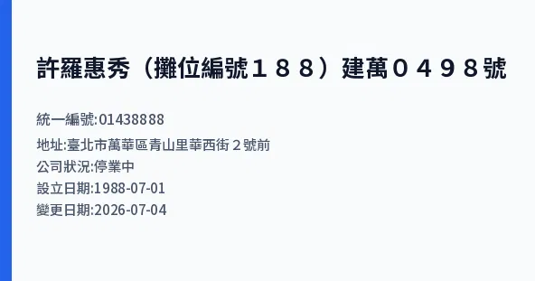 許羅惠秀(攤位編號188)建萬0498號的照片-統編 01438888(臺北市) 公司登記資料與營業項目詳細圖表