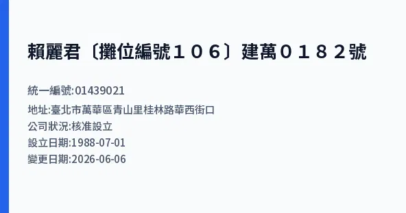 賴麗君〔攤位編號106〕建萬0182號的照片-統編 01439021(臺北市) 公司登記資料與營業項目詳細圖表