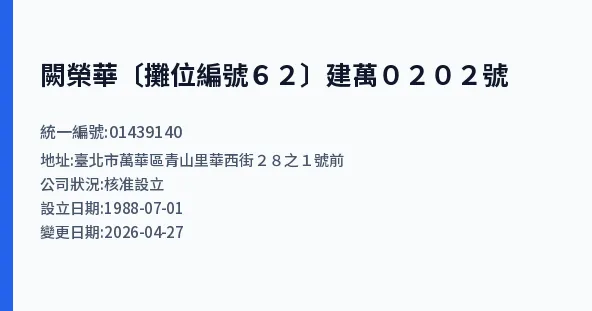 闕榮華〔攤位編號62〕建萬0202號的照片-統編 01439140(臺北市) 公司登記資料與營業項目詳細圖表