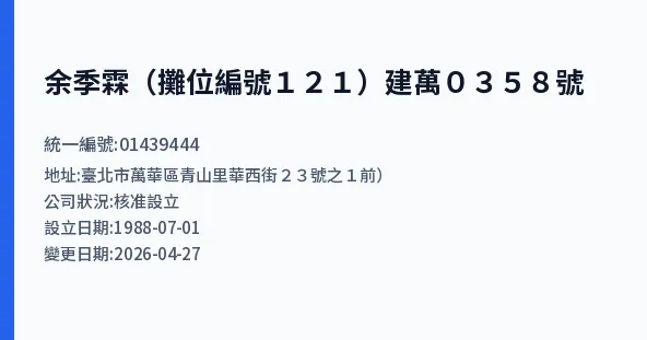 余季霖(攤位編號121)建萬0358號的照片-統編 01439444(臺北市) 公司登記資料與營業項目詳細圖表
