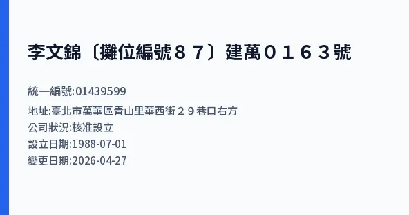 李文錦〔攤位編號87〕建萬0163號的照片-統編 01439599(臺北市) 公司登記資料與營業項目詳細圖表