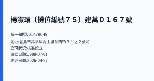 楊淑環〔攤位編號75〕建萬0167號的照片-統編 01439649(臺北市) 公司登記資料與營業項目詳細圖表