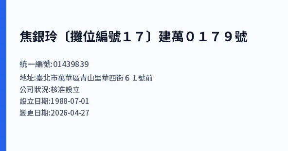 焦銀玲〔攤位編號17〕建萬0179號的照片-統編 01439839(臺北市) 公司登記資料與營業項目詳細圖表