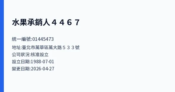 水果承銷人4467的照片-統編 01445473(臺北市) 公司登記資料與營業項目詳細圖表