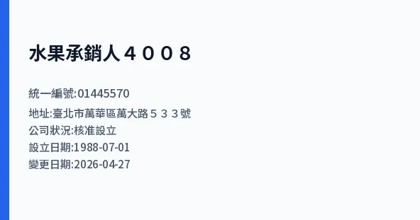 水果承銷人4008的照片-統編 01445570(臺北市) 公司登記資料與營業項目詳細圖表