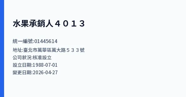 水果承銷人4013的照片-統編 01445614(臺北市) 公司登記資料與營業項目詳細圖表