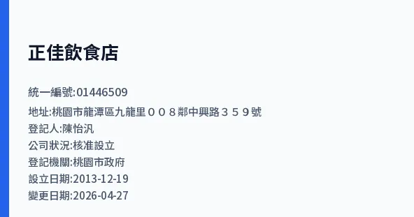 正佳飲食店的照片-統編 01446509(桃園市) 公司登記資料與營業項目詳細圖表