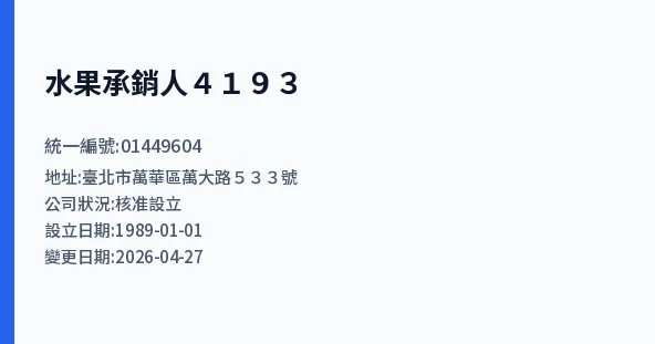水果承銷人4193的照片-統編 01449604(臺北市) 公司登記資料與營業項目詳細圖表