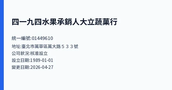 四一九四水果承銷人大立蔬菓行的照片-統編 01449610(臺北市) 公司登記資料與營業項目詳細圖表
