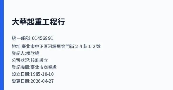大華起重工程行的照片-統編 01456891(臺北市) 公司登記資料與營業項目詳細圖表