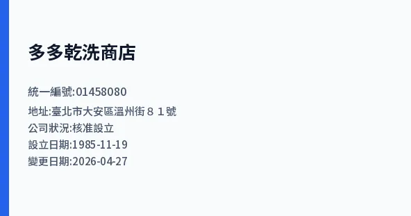 多多乾洗商店的照片-統編 01458080(臺北市) 公司登記資料與營業項目詳細圖表