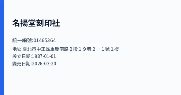 名揚堂刻印社的照片-統編 01465364(臺北市) 公司登記資料與營業項目詳細圖表