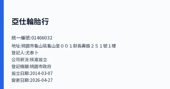 亞仕輪胎行的照片-統編 01466032(桃園市) 公司登記資料與營業項目詳細圖表