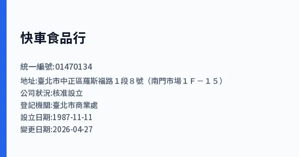 快車食品行的照片-統編 01470134(臺北市) 公司登記資料與營業項目詳細圖表