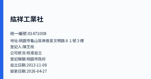 紘祥工業社的照片-統編 01471008(桃園市) 公司登記資料與營業項目詳細圖表
