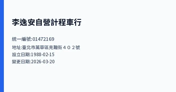 李逸安自營計程車行的照片-統編 01472169(臺北市) 公司登記資料與營業項目詳細圖表