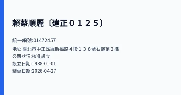 賴蔡順麗〔建正0125〕的照片-統編 01472457(臺北市) 公司登記資料與營業項目詳細圖表