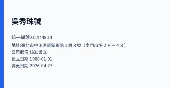 吳秀珠號的照片-統編 01474814(臺北市) 公司登記資料與營業項目詳細圖表