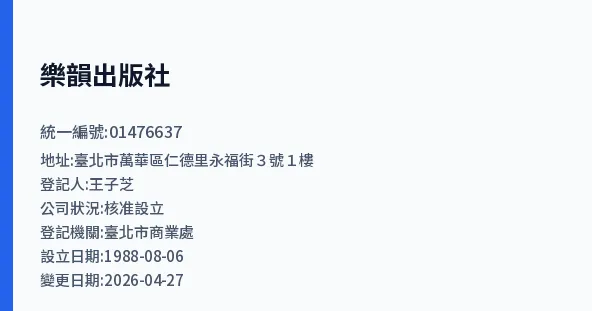 樂韻出版社的照片-統編 01476637(臺北市) 公司登記資料與營業項目詳細圖表