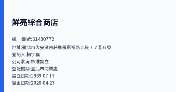 鮮亮綜合商店的照片-統編 01480772(臺北市) 公司登記資料與營業項目詳細圖表