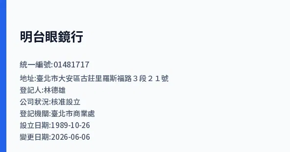 明台眼鏡行的照片-統編 01481717(臺北市) 公司登記資料與營業項目詳細圖表
