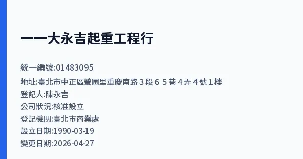 一一大永吉起重工程行的照片-統編 01483095(臺北市) 公司登記資料與營業項目詳細圖表