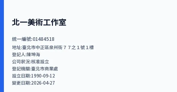 北一美術工作室的照片-統編 01484518(臺北市) 公司登記資料與營業項目詳細圖表