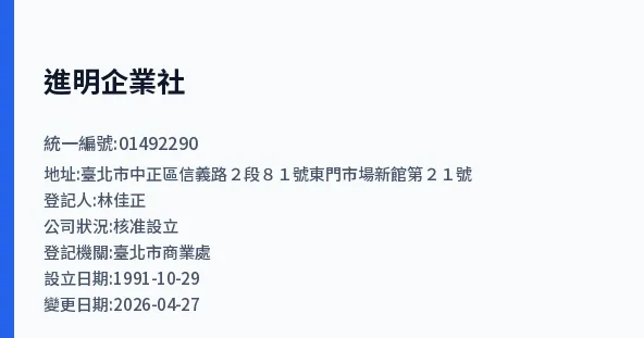 進明企業社的照片-統編 01492290(臺北市) 公司登記資料與營業項目詳細圖表