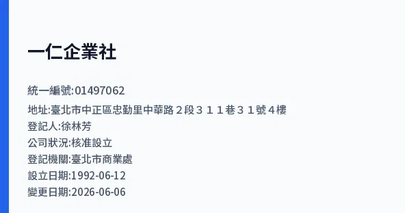 一仁企業社的照片-統編 01497062(臺北市) 公司登記資料與營業項目詳細圖表