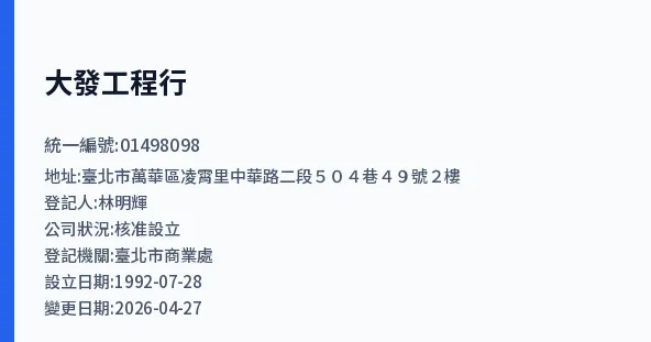 大發工程行的照片-統編 01498098(臺北市) 公司登記資料與營業項目詳細圖表