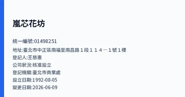嵐芯花坊的照片-統編 01498251(臺北市) 公司登記資料與營業項目詳細圖表