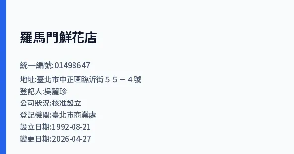 羅馬門鮮花店的照片-統編 01498647(臺北市) 公司登記資料與營業項目詳細圖表
