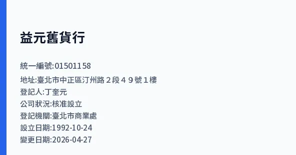 益元舊貨行的照片-統編 01501158(臺北市) 公司登記資料與營業項目詳細圖表