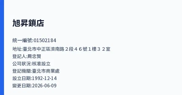 旭昇鎖店的照片-統編 01502184(臺北市) 公司登記資料與營業項目詳細圖表