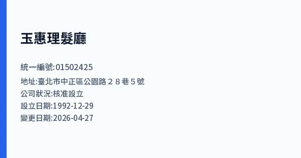 玉惠理髮廳的照片-統編 01502425(臺北市) 公司登記資料與營業項目詳細圖表
