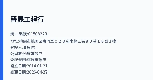 晉晟工程行的照片-統編 01508223(桃園市) 公司登記資料與營業項目詳細圖表