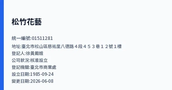 松竹花藝的照片-統編 01511281(臺北市) 公司登記資料與營業項目詳細圖表