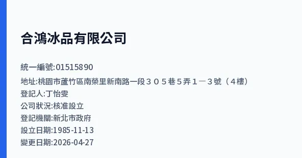 合鴻冰品有限公司的照片-統編 01515890(桃園市) 公司登記資料與營業項目詳細圖表