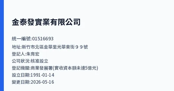 金泰發實業有限公司的照片-統編 01516693(新竹市) 公司登記資料與營業項目詳細圖表