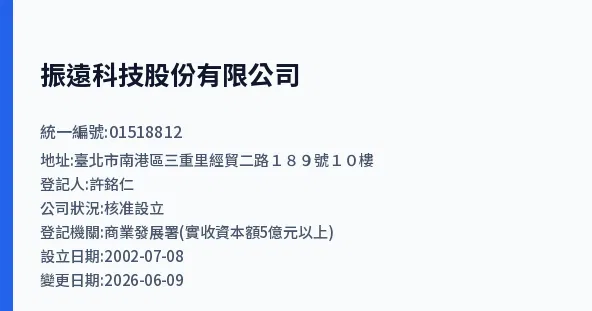 振遠科技股份有限公司的照片-統編 01518812(臺北市) 公司登記資料與營業項目詳細圖表